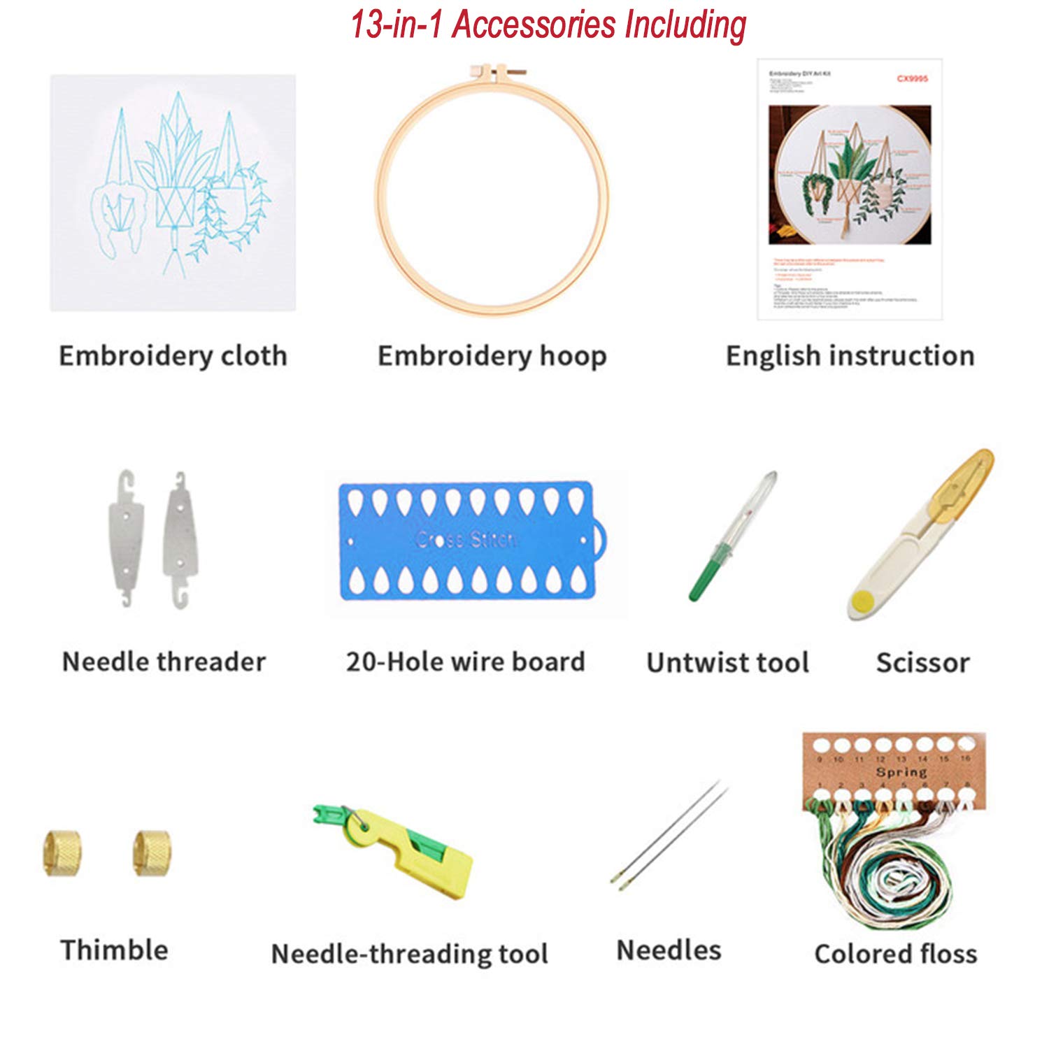 Nuberlic 13-in-1 Portable Embroidery Project Bag with 1 Set Embroidery Kit for Adults 8PCS Cross Stitch Tools, Multifunctional Storage Bag Include Hoop, Needles, Cloth, Scissors and Craft Accessories