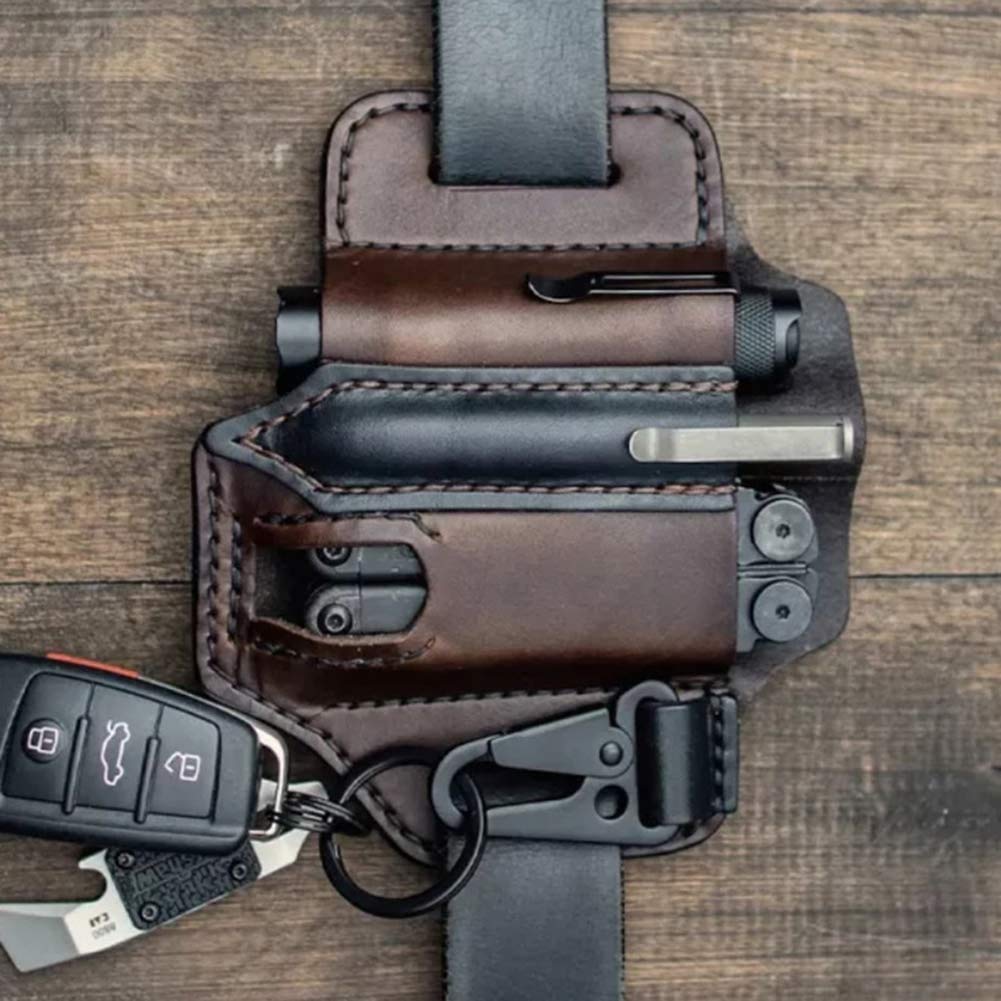 Amorr Leather Multitool Sheath for Belt, EDC Pocket Organizer with Key Holder, Storage Belt Waist Bag Flashlight Holster, Multitool Pouch for Men Camping (Dark Borwn)