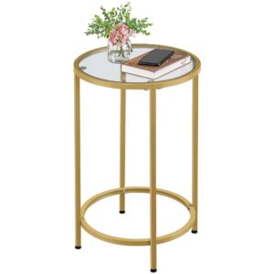 yaheetech glass end table, round side table, small coffee accent table nightstand w/glass top & metal frame for living room, balcony, bedroom, porch, small space, modern style, mustard gold