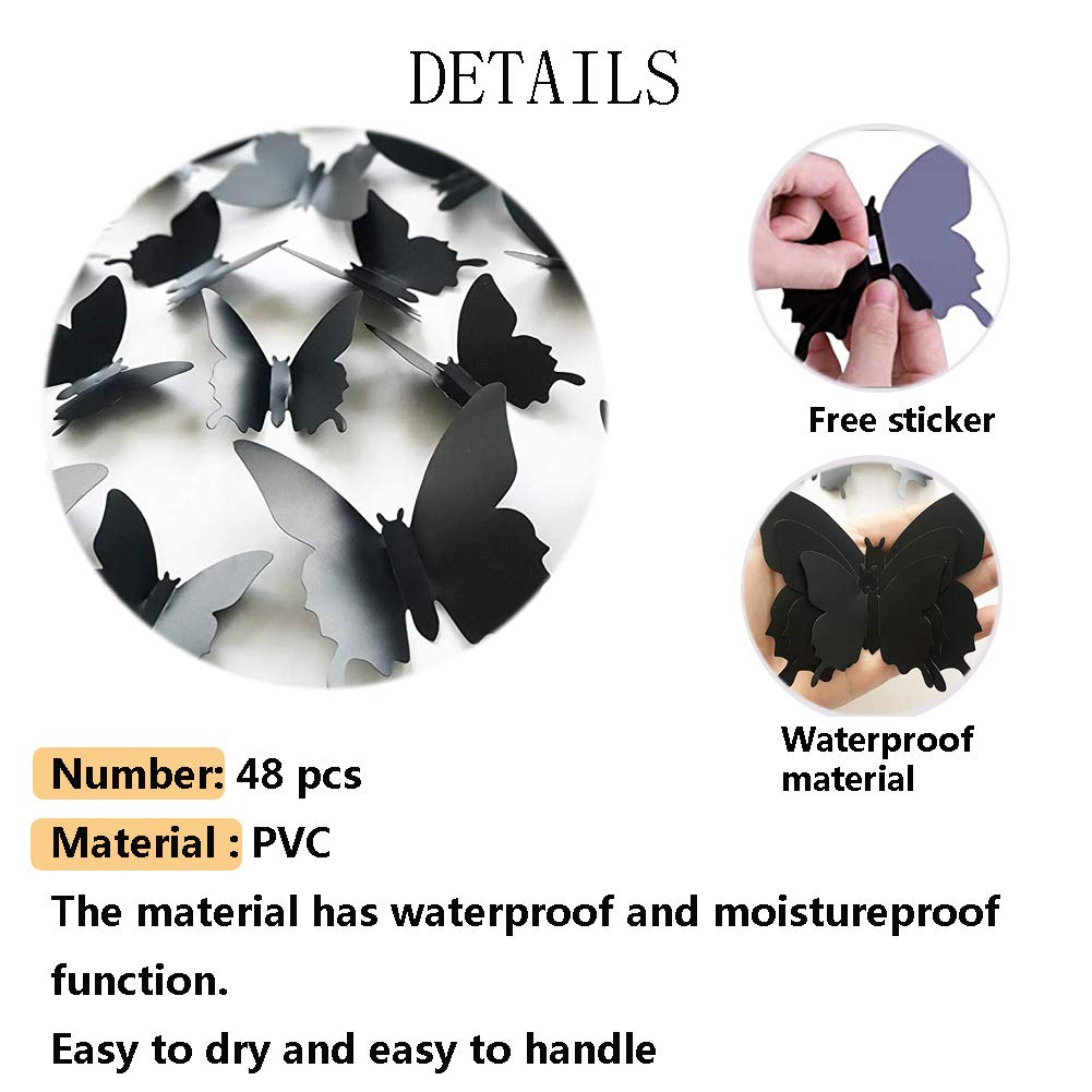 3D Butterfly Wall Decor, 48PCS Removable Mural Stickers Wall Stickers Decal for Home and Room Decoration (Black)