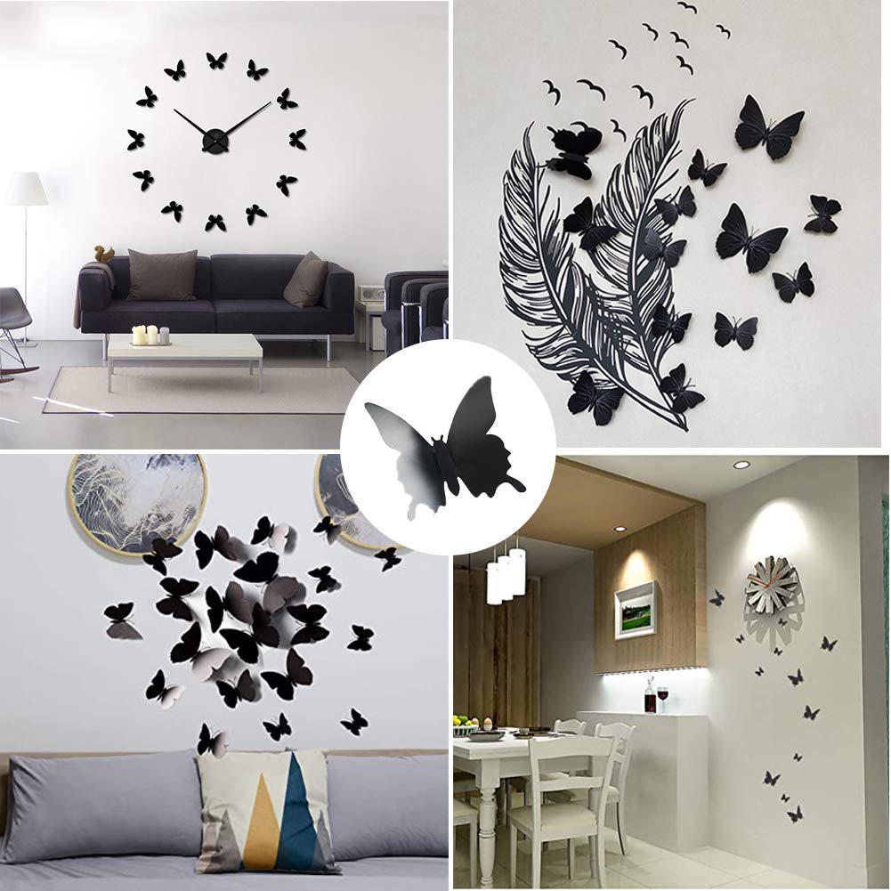 3D Butterfly Wall Decor, 48PCS Removable Mural Stickers Wall Stickers Decal for Home and Room Decoration (Black)