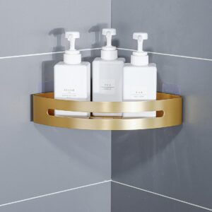 Brushed Gold Bathroom Corner Shelf Wall Mount Shower Organizer Shampoo Holder with Hooks,Adhesive or Drilling