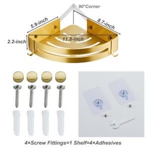 Brushed Gold Bathroom Corner Shelf Wall Mount Shower Organizer Shampoo Holder with Hooks,Adhesive or Drilling