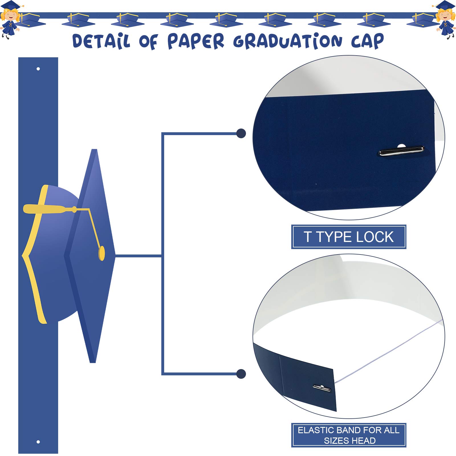 Tenare 40 Pcs Paper Graduation Crown Adjustable Paper Hats Graduation Cap with 40 Elastic String for Grad Party(Blue)