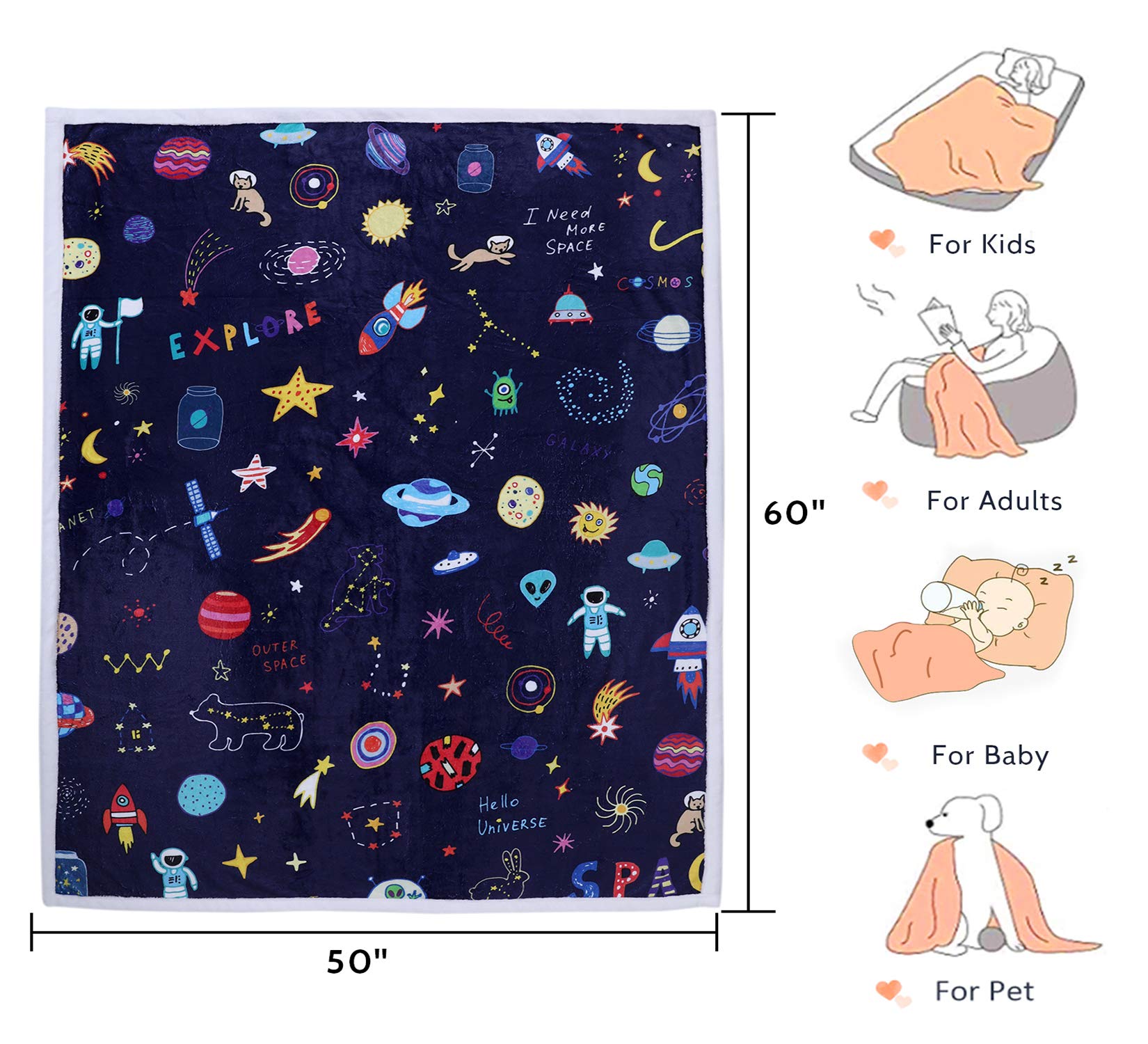 Space Adventure Astronaut Planet Rocket Spacecraft Throw Blanket Soft Lightweight Flannel Fleece Blanket for Baby Kids Youth Adult (Space, 50"x60")