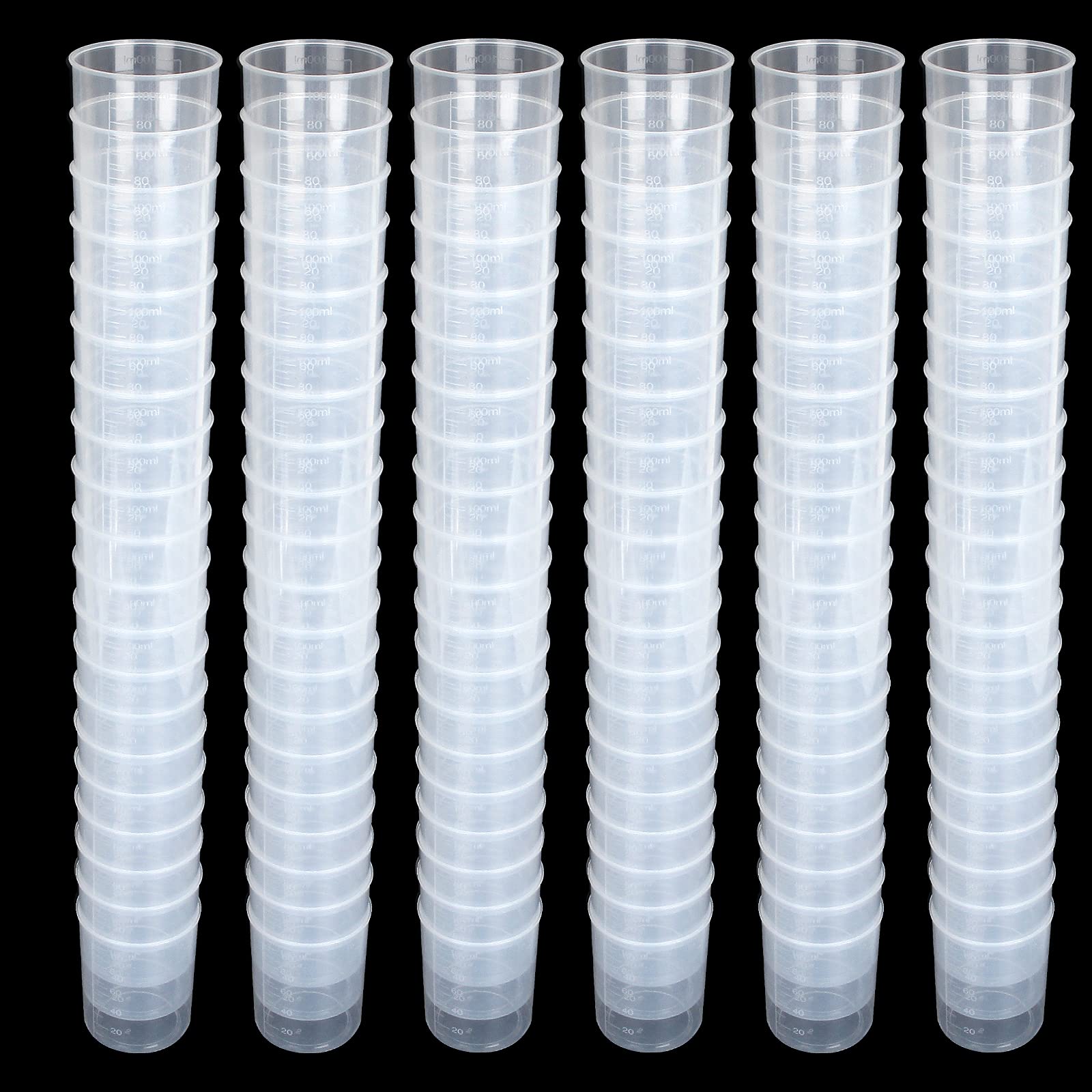 100Pcs 100ML Plastic Graduated Measuring Beaker Set, Clear Liquid Measuring Mixing Cups for Epoxy Resin, Liquid Container Beakers for Resin Epoxy Paint Food, Lab Use, Raised Graduations, Tapered Spout