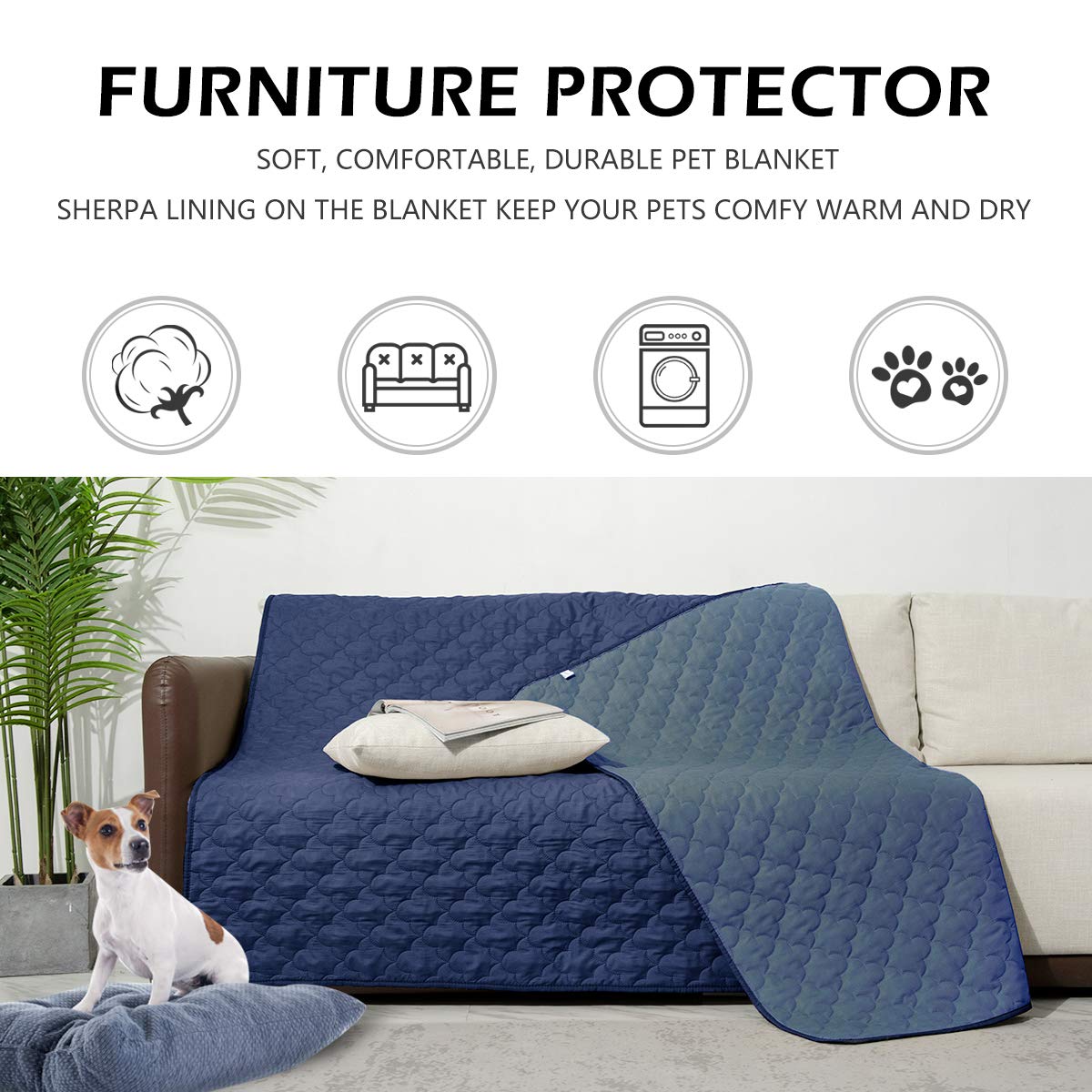 Dog Blankets for Couch Protection Waterproof Dog Bed Covers Pet Blanket Furniture Protector (Navy+Blue, 68"x82")