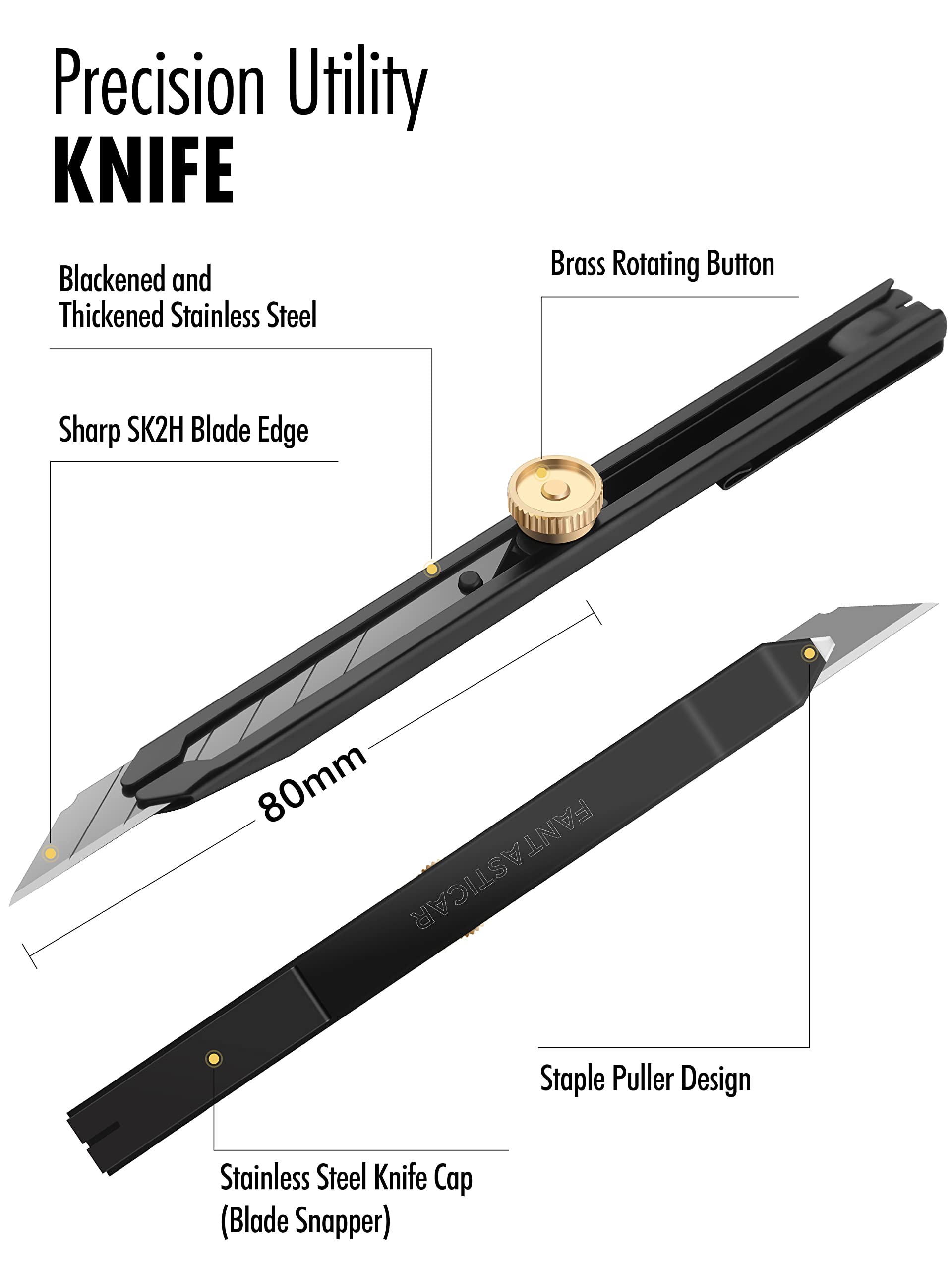 FantastiCAR 2-Pack Snap-Off Retractable Utility Knife, with Brass Dial Wheel Manual-Lock for Precision Trimming Cutting Jobs (60 Degree and 30 Degree Blade)