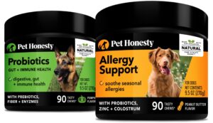 pethonesty digestive probiotics for dogs + allergy support soft chew supplement bundle - probiotics, digestive enzymes, salmon oil and omega 3 fish oil, itch relief for dogs, coat and skin health