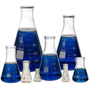 glass erlenmeyer flask set, 8 sizes - 5, 10, 25, 50, 150, 250, 500, and 1000ml, karter scientific