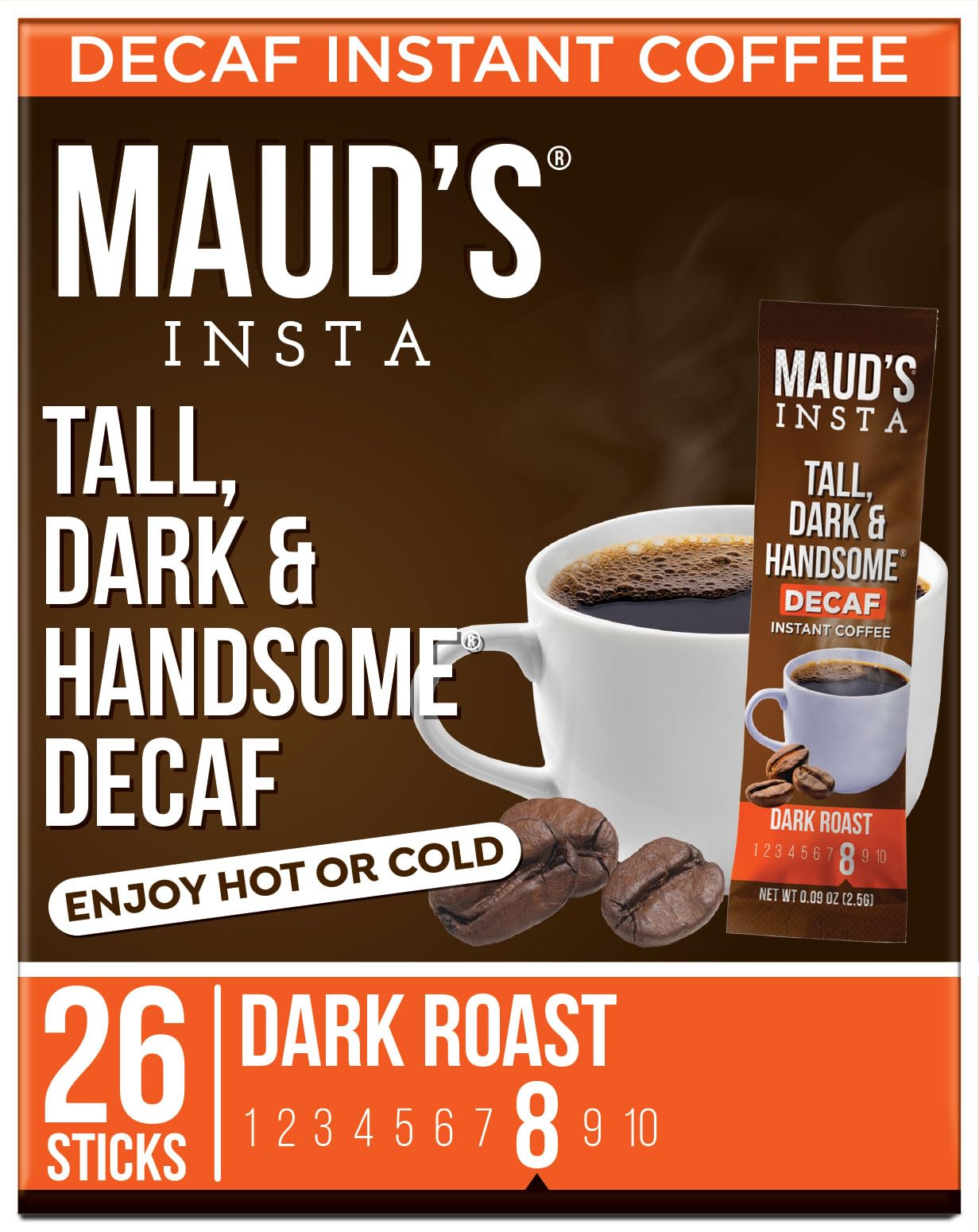 Maud's Dark Roast Decaf Instant Coffee Packets Single Serve, 26 ct | Decaffinated Tall Dark & Handsome | 100% Arabica Dark Roast Coffee Solar Energy Produced | Instant Coffee Powder Travel Packs