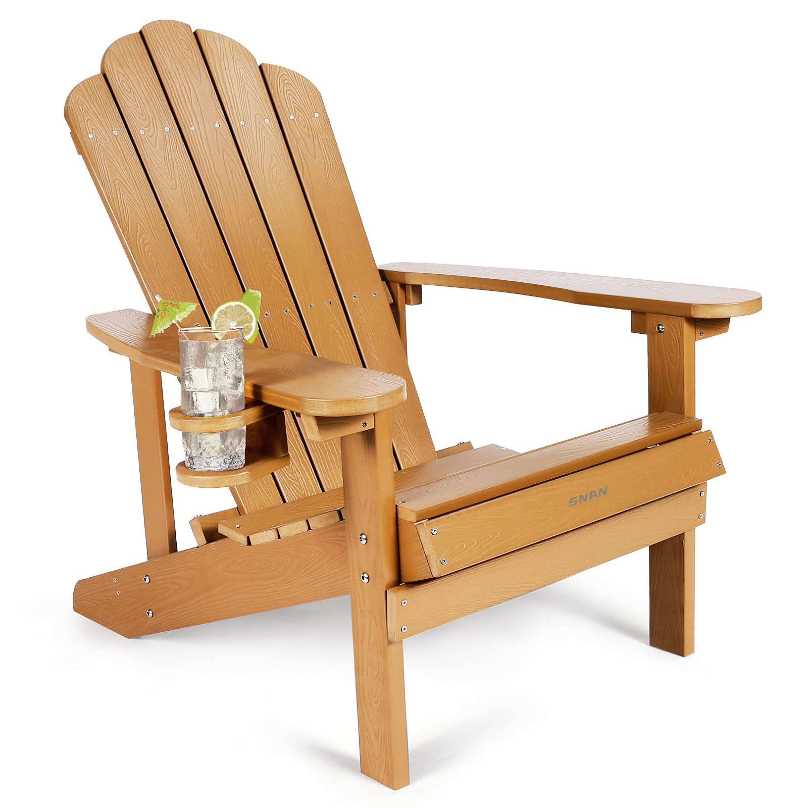 SNAN Adirondack Chair with Cup Holder, All-Weather Plastic Patio Chair for Garden&Outdoor Fire Tables, Fade-Resistant Outdoor Seating, Wood-Like Processing and Sturdy Outdoor Chair(Teak)