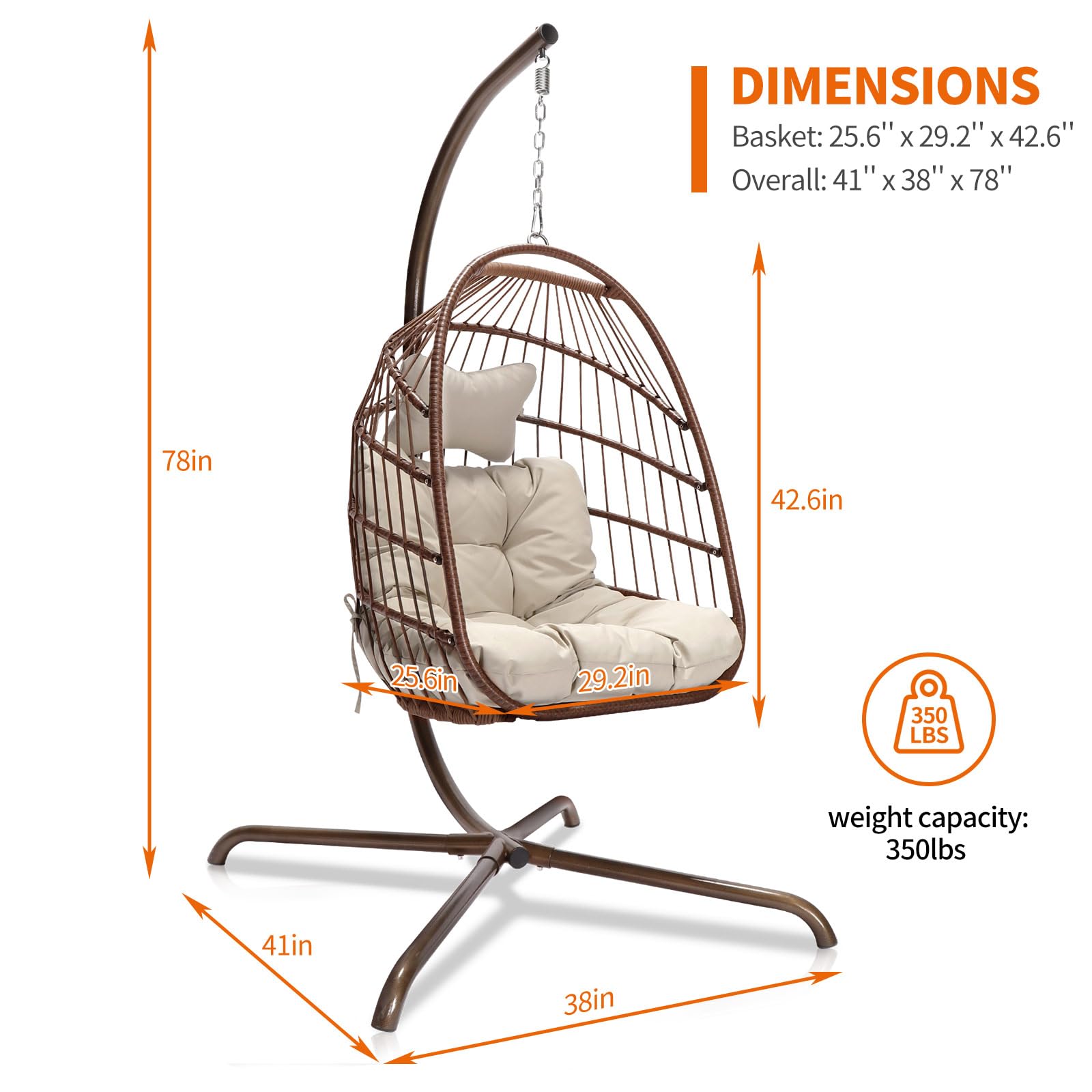 NICESOUL® Egg Chair Indoor Outdoor Patio Wicker Hanging Chair Swing Hammock Egg Shell Chairs UV Resistant Cushions 350lbs Capacity for Patio Backyard Balcony Brown with Cover