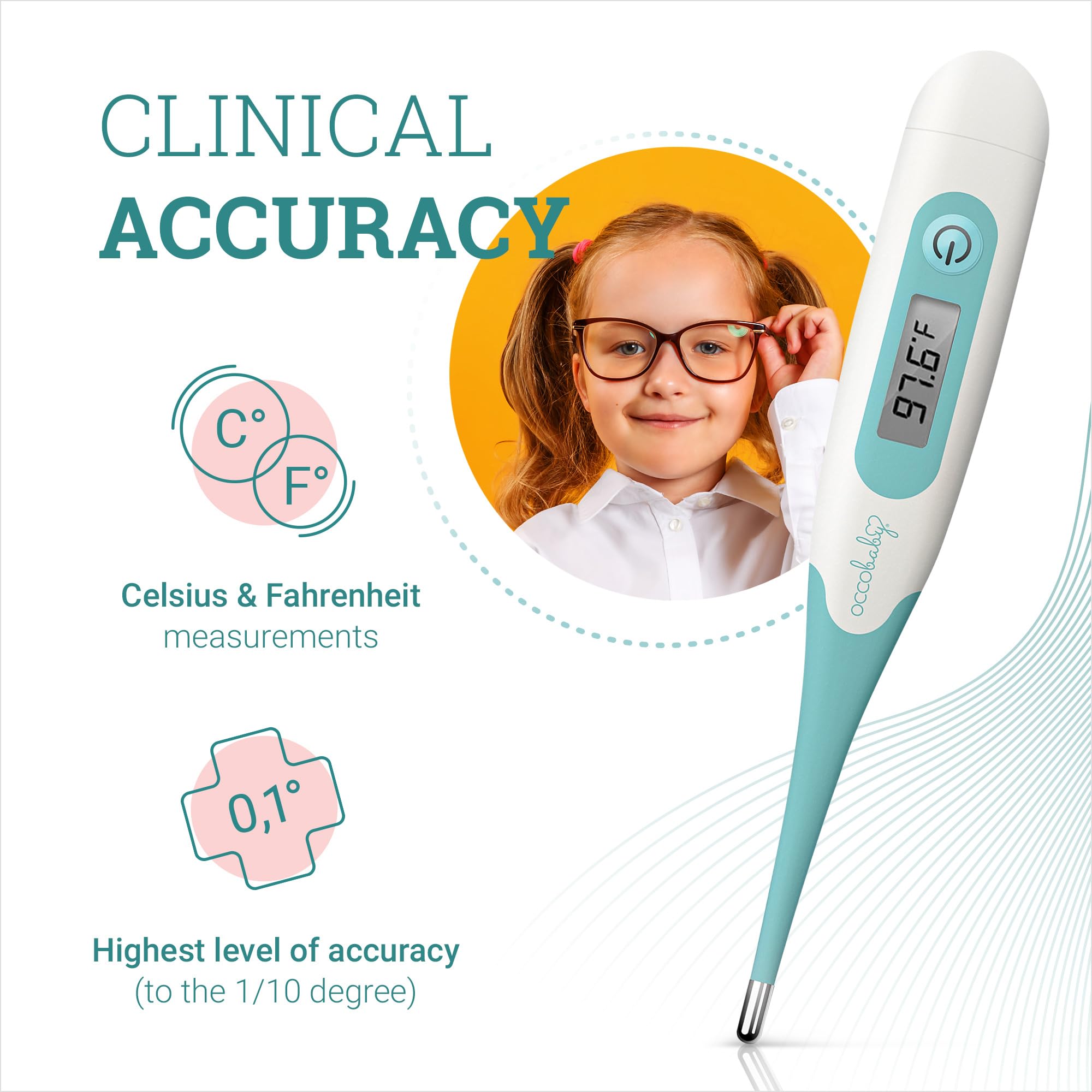 OCCObaby Clinical Digital Baby Thermometer - LCD, Flexible Tip, 10 Second Quick Accurate Fever Read Rectal Oral & Underarm Use Waterproof Thermometer for Kids