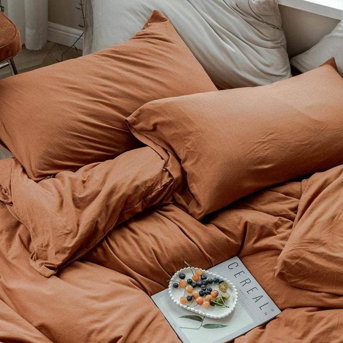 100% Cotton Unique Gypsy Bohemian Solid Dorm Decor Art Indian Boho Decorative Ethnic Comforter Duvet Cover with Pillow Covers (Rust, Queen 90"x90")