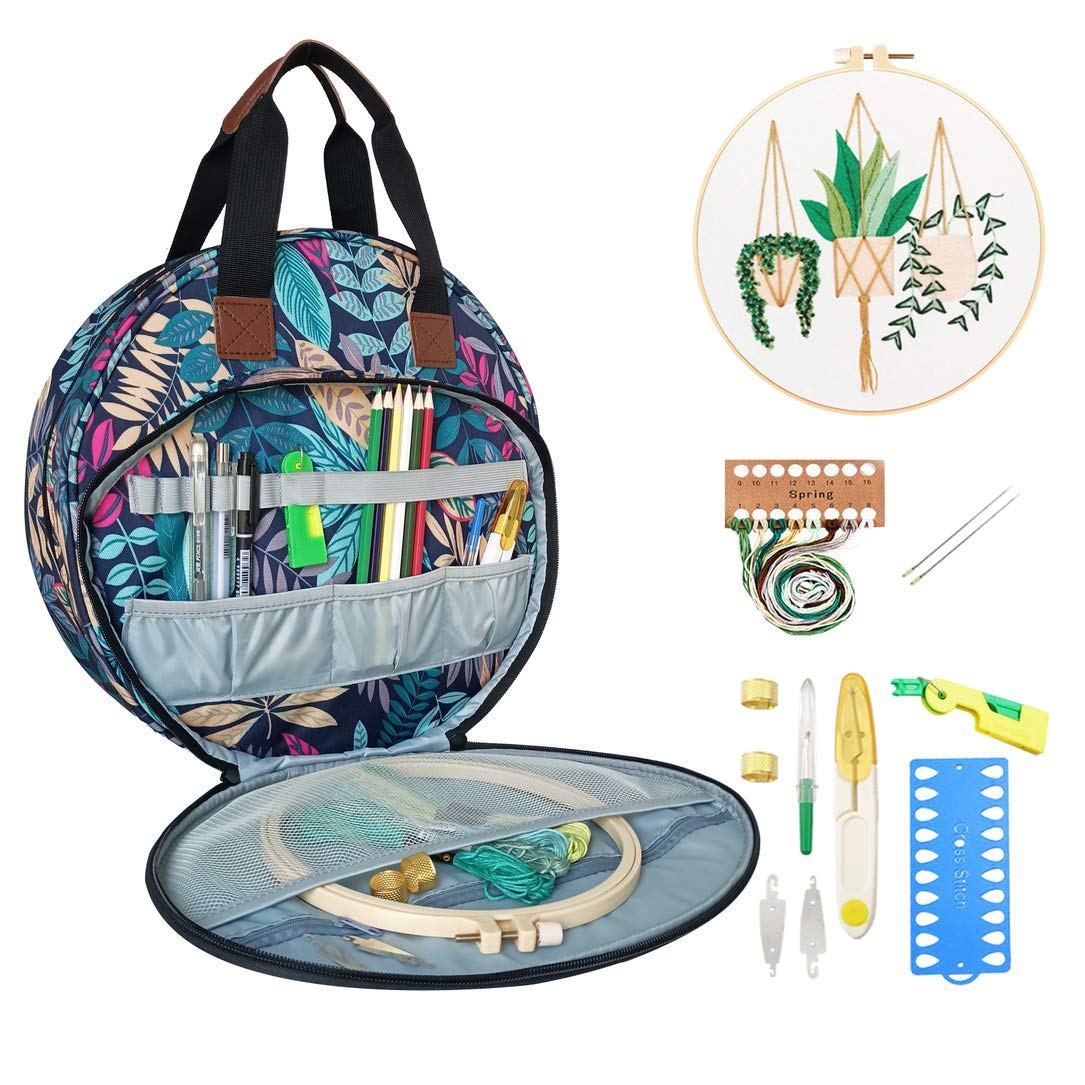 Nuberlic 13-in-1 Portable Embroidery Project Bag with 1 Set Embroidery Kit for Adults 8PCS Cross Stitch Tools, Multifunctional Storage Bag Include Hoop, Needles, Cloth, Scissors and Craft Accessories