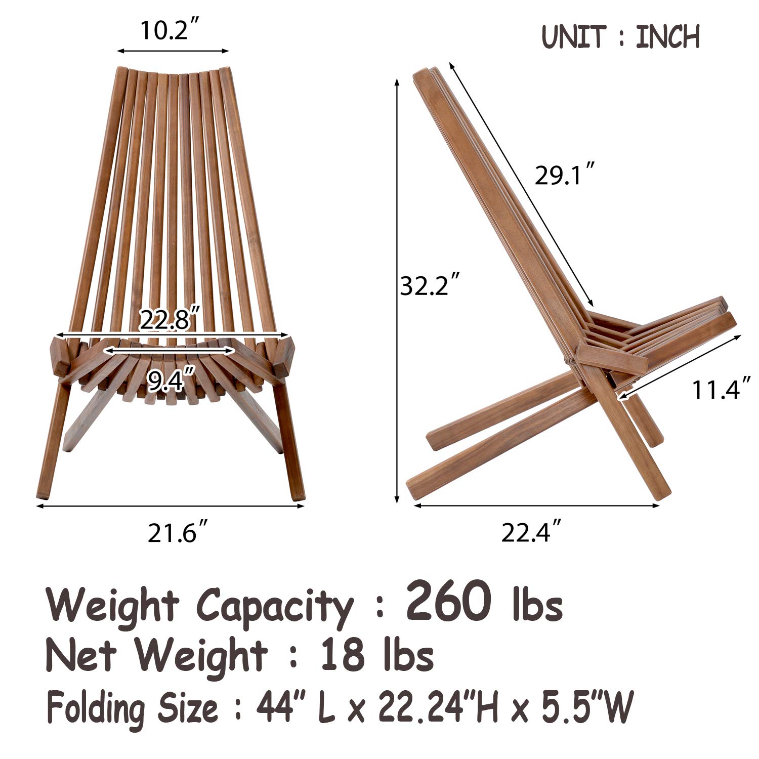 Daxue Folding Garden Lounge Chairs Set of 2, Solid Acacia Wood Low Profile Lounge Chair for Indoor Outdoor Handcrafted Patio Seating Beach Yard Balcony Furniture Fire Pit Chair, 2 Packs