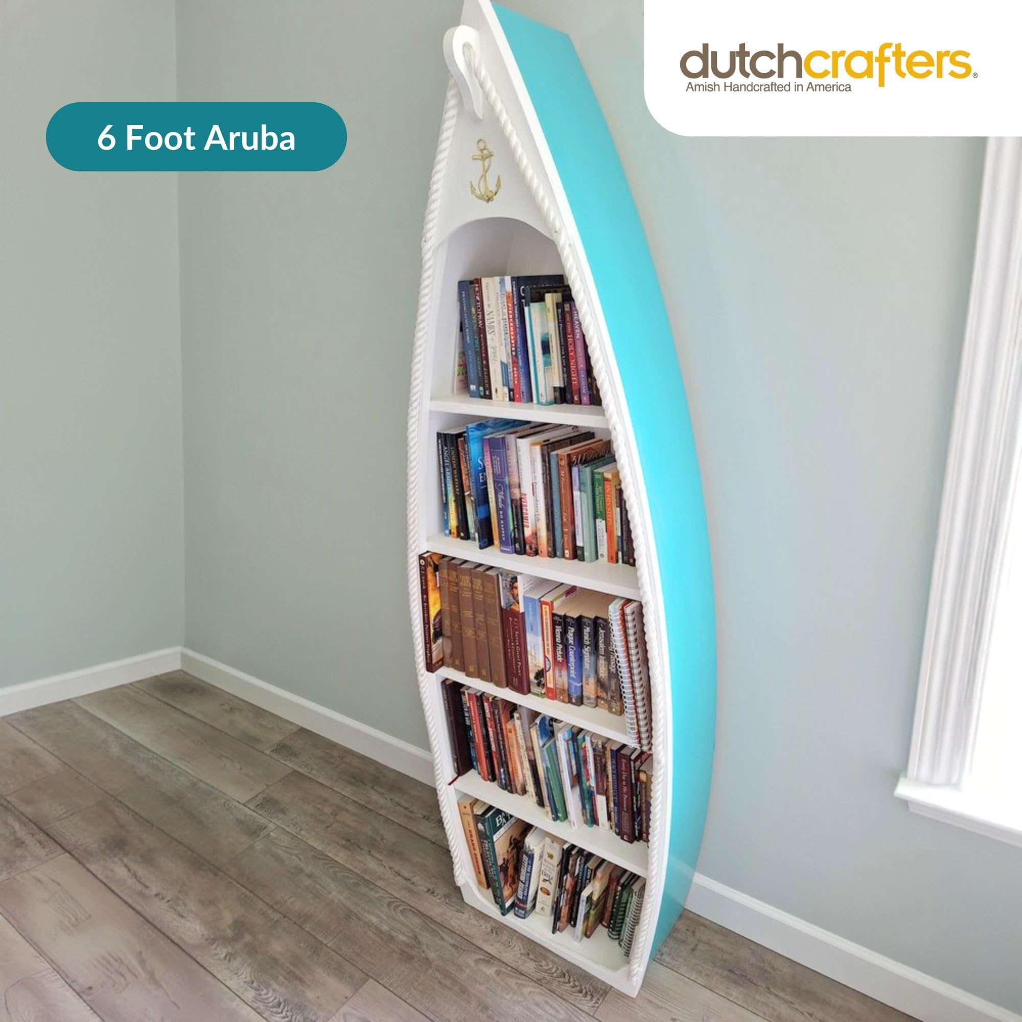 DutchCrafters 4 Foot Small Wooden Coastal Sailboat Bookcase with Four Shelves, Nautical Room Decor, Beach Themed Solid Wood Boat Shaped Book Shelf for Bathroom, Bedroom, Home Decor (Powder Blue)