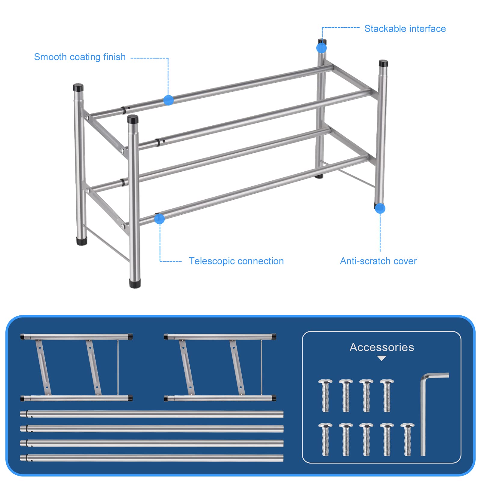 NiHome 2-Tier Expandable Shoe Rack - Lightweight, Stackable and Space-Saving Metal Organizer for 6-10 Pairs of Shoes - Ideal for Closet, Hallway, Entryway, Living Room, Bedroom (Silver)