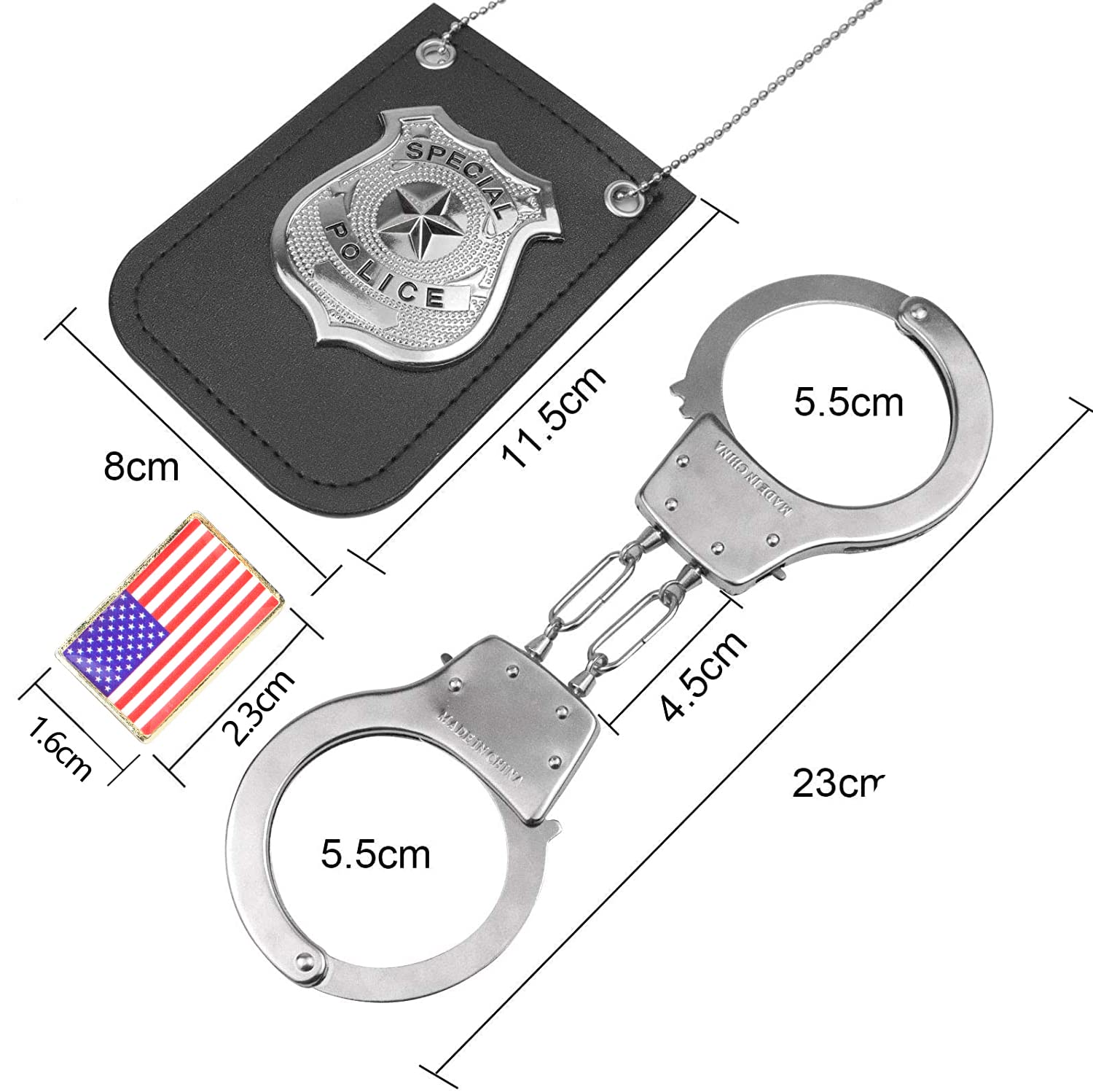 HAPTIME Police Badge, American Flag Badge, Toy Handcuffs Set for Kids' Cosplay, Pretend Play, School, Birthdays - Cop Role Play Kit for Classroom Fun, Party Favors, and Gifts