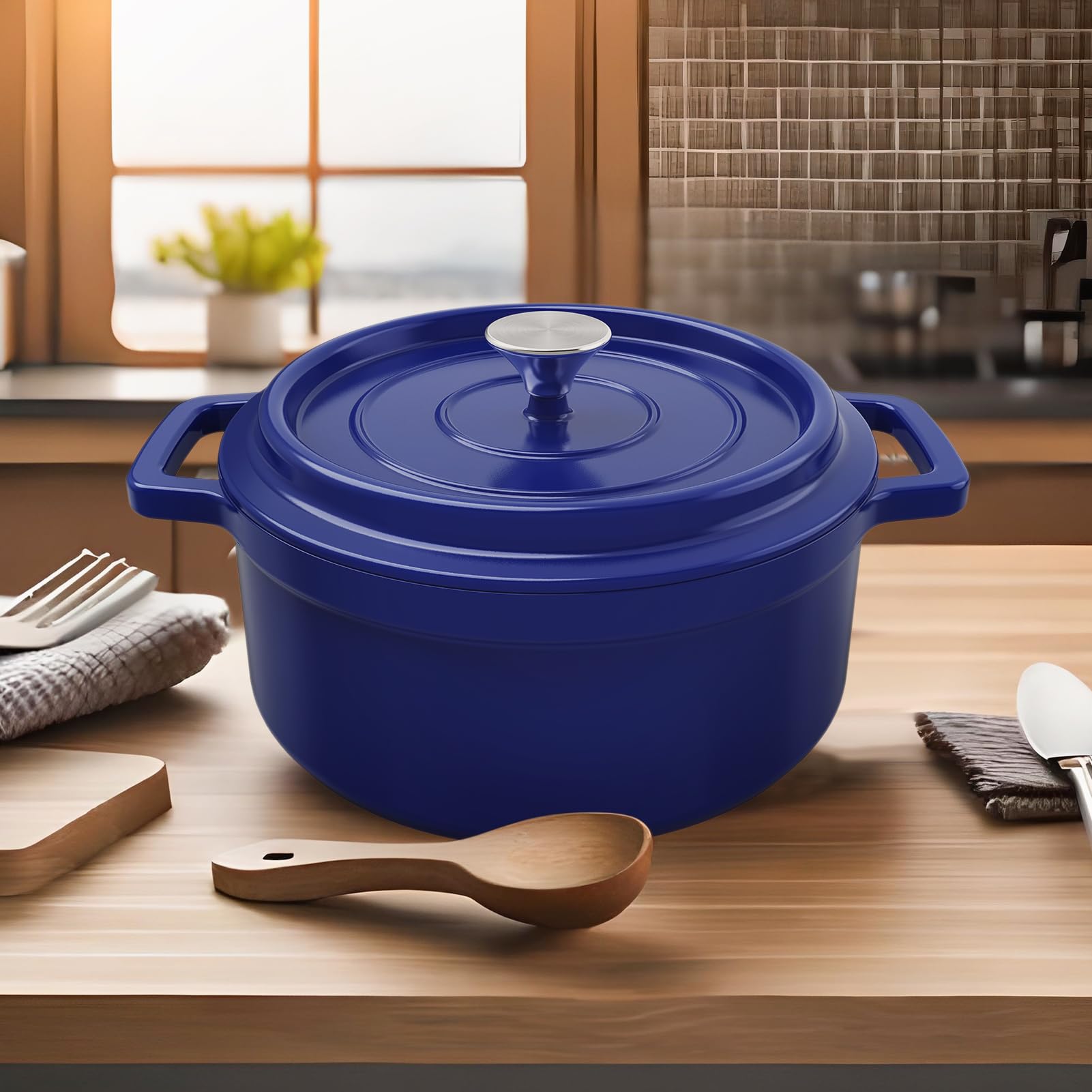 MEIGUI 4QT Cast Iron Dutch Oven, Enameled Non-Stick Dutch Oven, Round Dutch Oven Pot with Lid, Pre-Seasoned Large Dutch Oven Liners, for Sourdough Bread Baking, Braising, Soups, Family Sharing, Blue