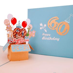 iGifts And Cards Happy 60th Blue Birthday Party Box 3D Pop Up Greeting Card – Sixty, Awesome, Balloons, Presents, Unique, Celebration, Feliz Cumpleaños, Fun