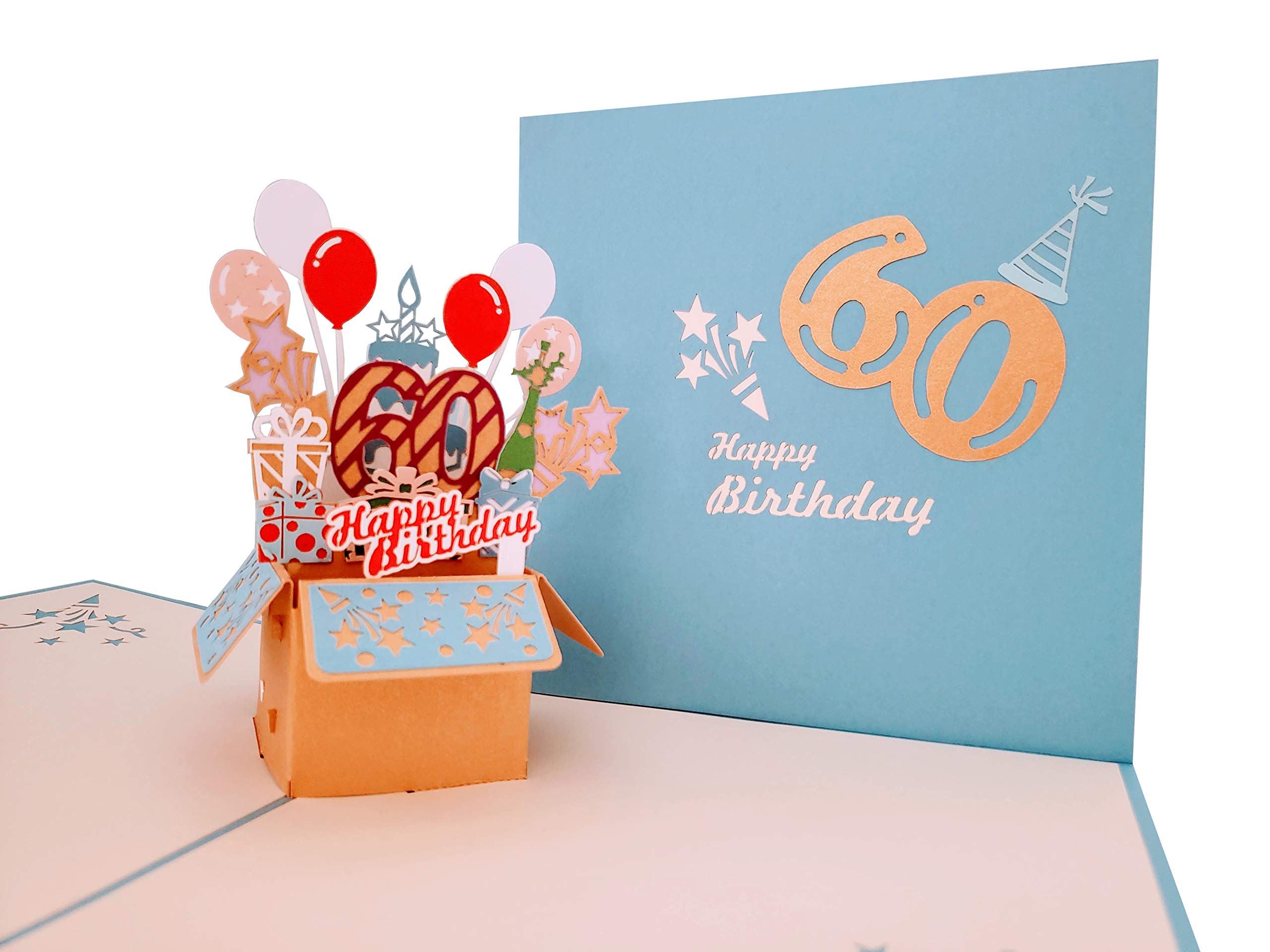 iGifts And Cards Happy 60th Blue Birthday Party Box 3D Pop Up Greeting Card – Sixty, Awesome, Balloons, Presents, Unique, Celebration, Feliz Cumpleaños, Fun