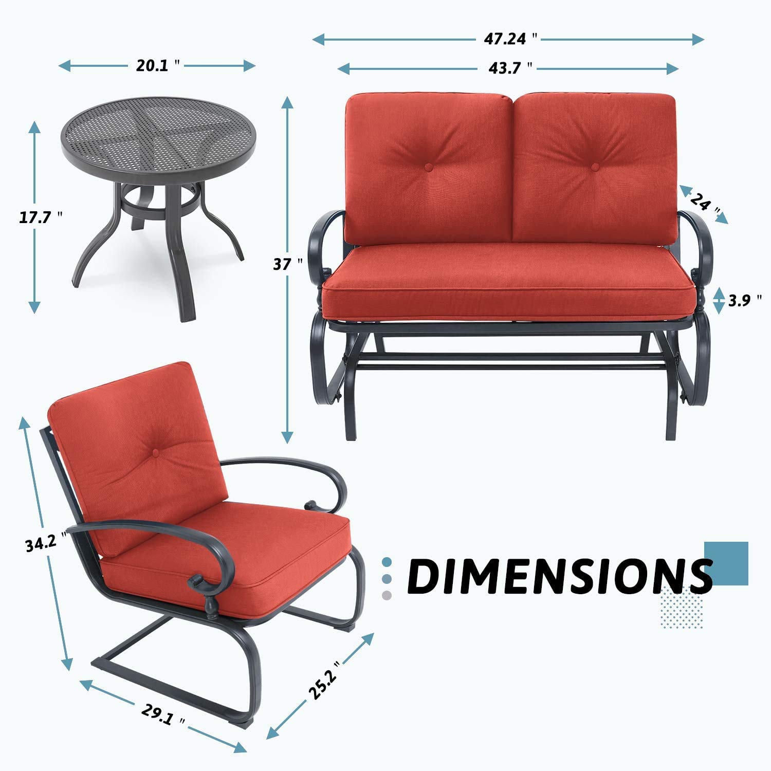 Crownland Outdoor Furniture Patio Conversation Set (Loveseat, Coffee Table, 2 Spring Chair) Metal Frame Wrought Iron Look with Cushions (Red)