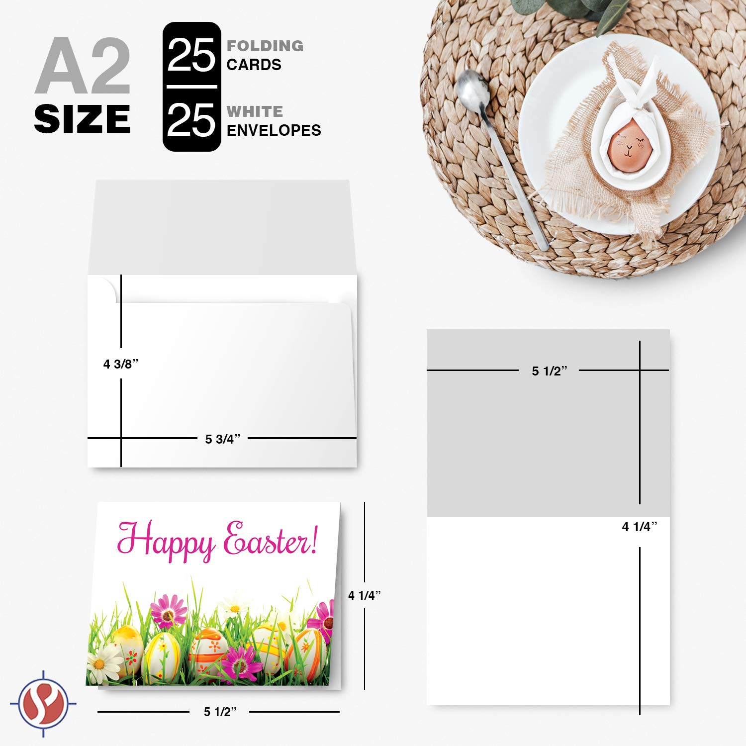 Happy Easter, Bulk Fold Over Greeting Cards for Invitations, Gifts & Presents, Thank You Notes and Announcements – Blank Inside | 4.25 x 5.5” (A2 Size) | 25 Cards and 25 Envelopes