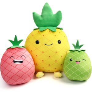 benben pineapple plush toy, set of 3, 12", 7" and 6'' squishy stuffed animal toys, fruit plushies, fun plush pillow, easter basket stuffers, ms sweety and baby pineapples