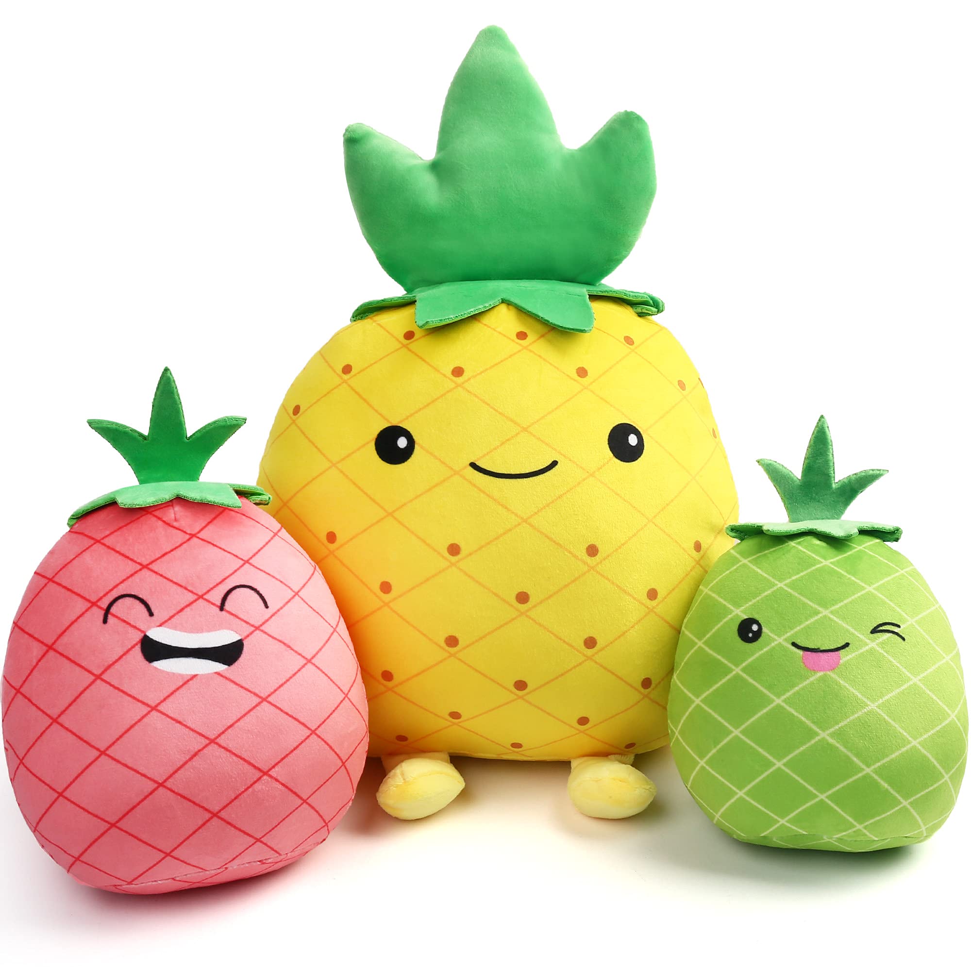 BenBen Pineapple Plush Toy, Set of 3, 12", 7" and 6'' Squishy Stuffed Animal Toys, Fruit Plushies, Fun Plush Pillow, Easter Basket Stuffers, Ms Sweety and Baby Pineapples