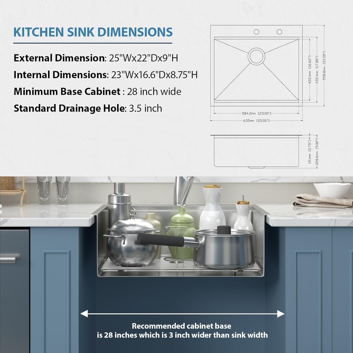 25 Inch Drop-In Kitchen Sink - GhomeG 25x22 Inch 16 Gauge Stainless Steel Topmount Deep Single Bowl Bar Sink with R10 Round Corners