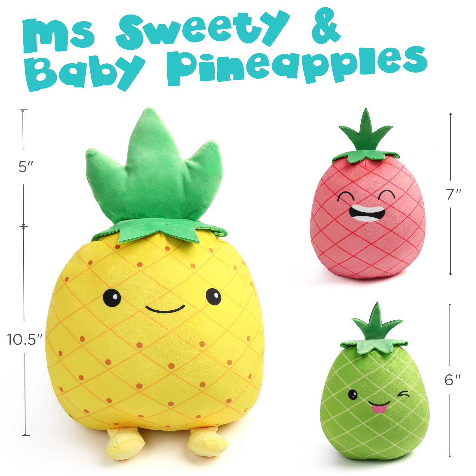 BenBen Pineapple Plush Toy, Set of 3, 12", 7" and 6'' Squishy Stuffed Animal Toys, Fruit Plushies, Fun Plush Pillow, Easter Basket Stuffers, Ms Sweety and Baby Pineapples