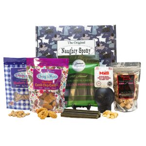 naughty spotty dog treat gift box, black skull treat dispenser, usa-made dog treats & chews, md/lg dogs, (peanut butter, blueberry, peppermint & chicken flavors).