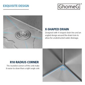 25 Inch Drop-In Kitchen Sink - GhomeG 25x22 Inch 16 Gauge Stainless Steel Topmount Deep Single Bowl Bar Sink with R10 Round Corners