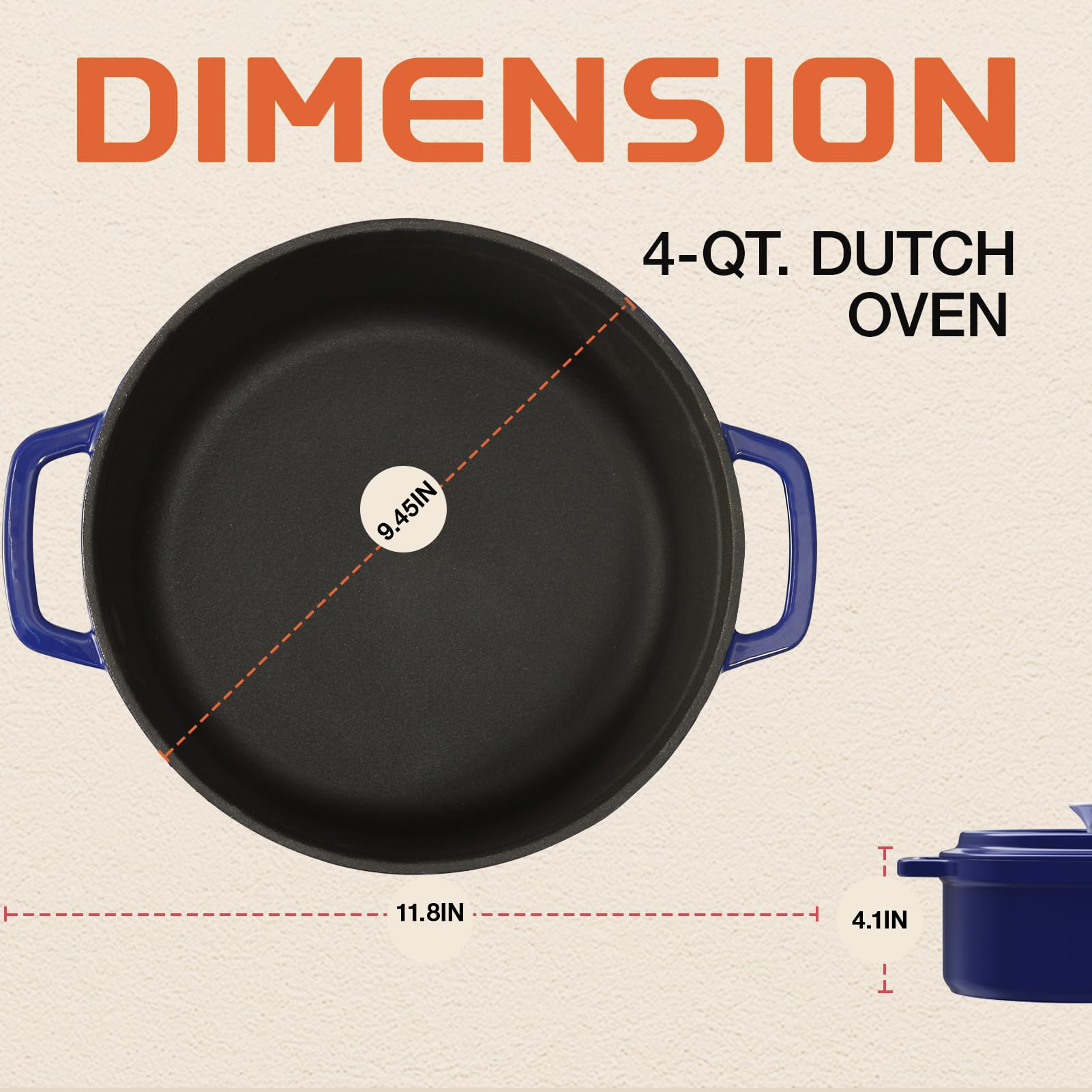 MEIGUI 4QT Cast Iron Dutch Oven, Enameled Non-Stick Dutch Oven, Round Dutch Oven Pot with Lid, Pre-Seasoned Large Dutch Oven Liners, for Sourdough Bread Baking, Braising, Soups, Family Sharing, Blue