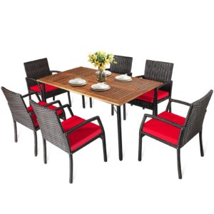 happygrill 7 pieces patio dining set outdoor furniture rattan wicker dining set with umbrella hole, powder coated steel frame, acacia wood dining table and armchairs with removable cushions