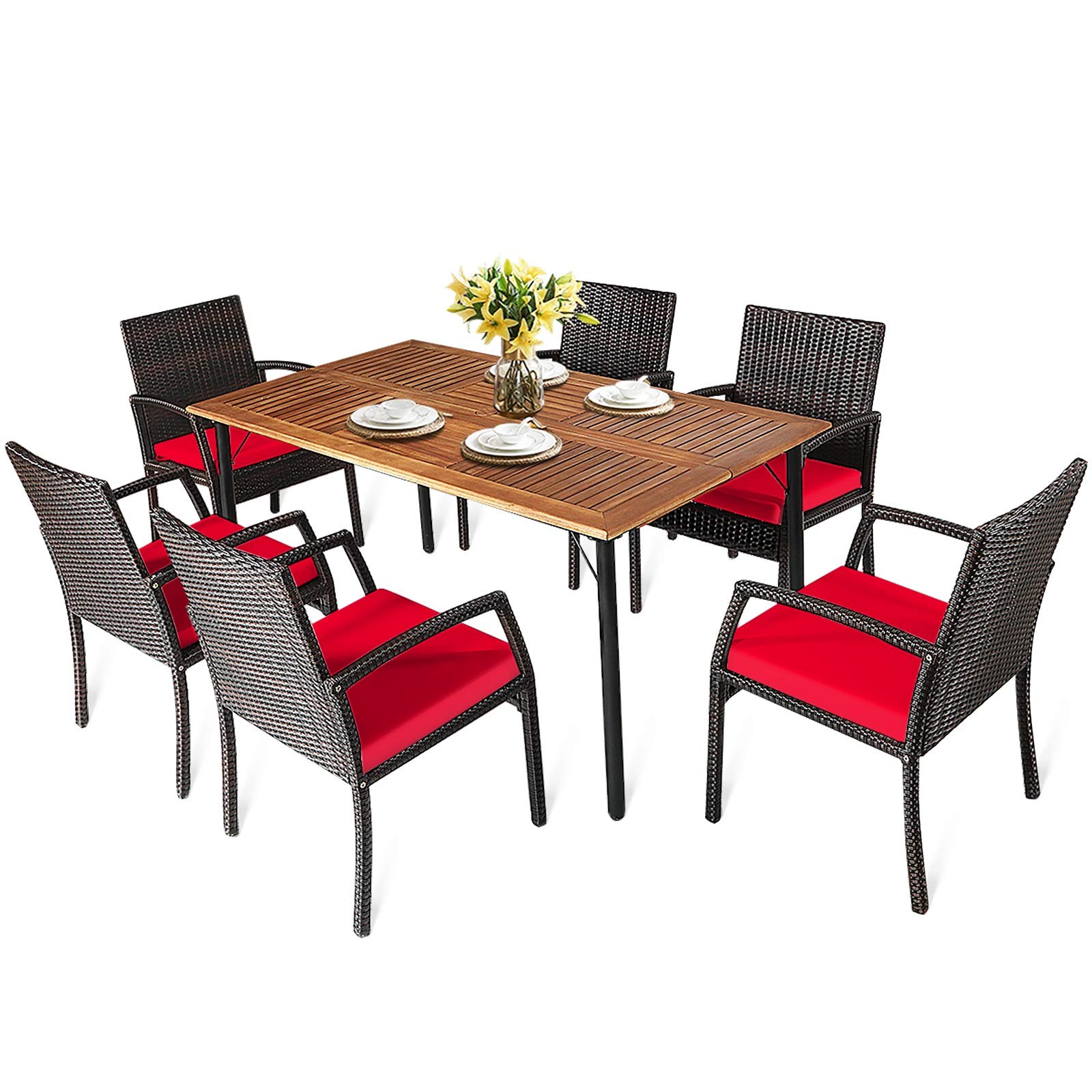 HAPPYGRILL 7 Pieces Patio Dining Set Outdoor Furniture Rattan Wicker Dining Set with Umbrella Hole, Powder Coated Steel Frame, Acacia Wood Dining Table and Armchairs with Removable Cushions