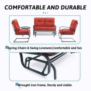 Crownland Outdoor Furniture Patio Conversation Set (Loveseat, Coffee Table, 2 Spring Chair) Metal Frame Wrought Iron Look with Cushions (Red)