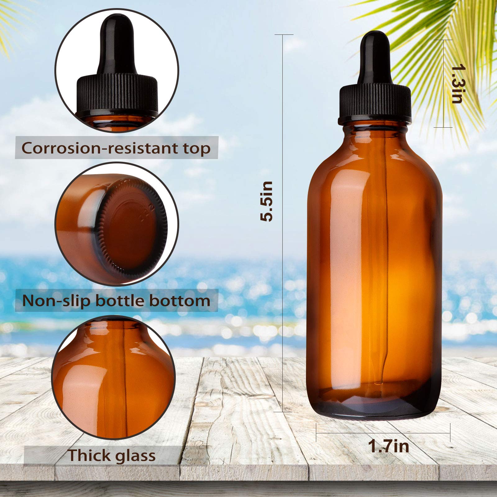 Comrzor 6 Pack 4oz Amber Glass Bottles with Glass Eye Droppers for Essential Oils, Perfumes & Lab Chemicals (Brush, Funnels, 2 Extra Droppers, 12 Pcs Labels & Measuring Cup Included)