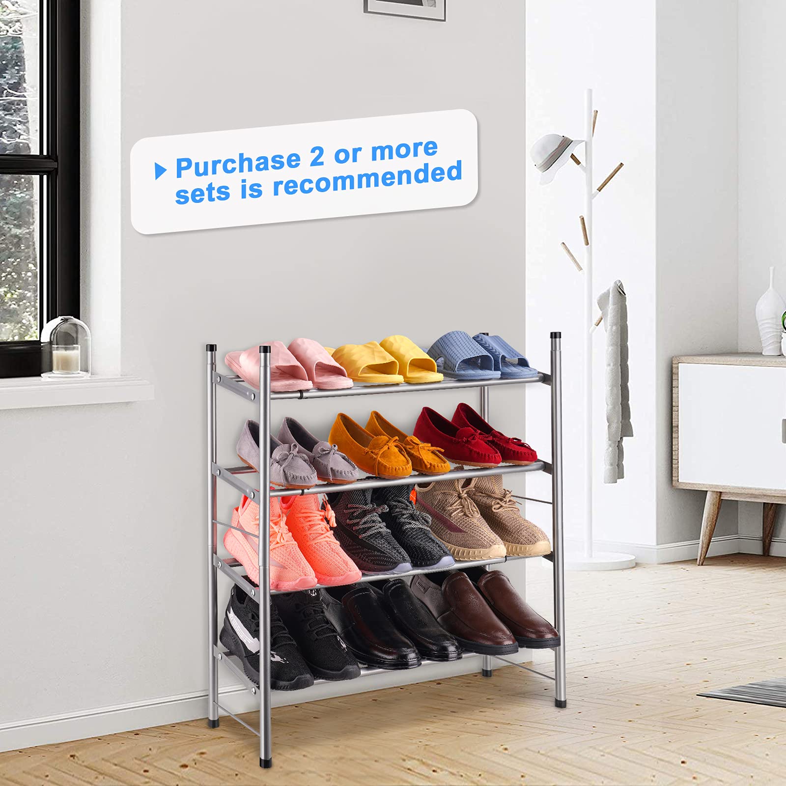 NiHome 2-Tier Expandable Shoe Rack - Lightweight, Stackable and Space-Saving Metal Organizer for 6-10 Pairs of Shoes - Ideal for Closet, Hallway, Entryway, Living Room, Bedroom (Silver)