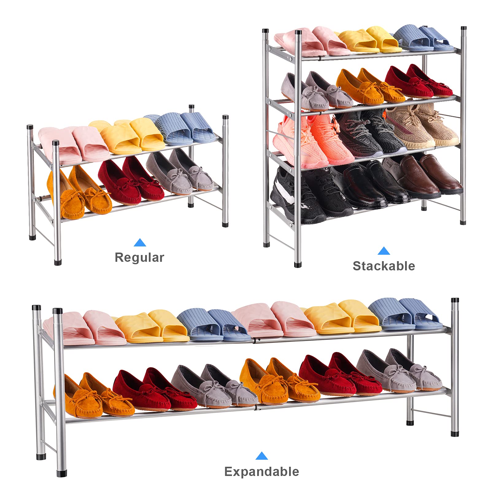 NiHome 2-Tier Expandable Shoe Rack - Lightweight, Stackable and Space-Saving Metal Organizer for 6-10 Pairs of Shoes - Ideal for Closet, Hallway, Entryway, Living Room, Bedroom (Silver)