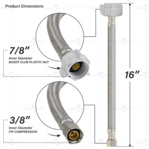 Highcraft 27416-NL-2 Toilet Connector, Braided Stainless Steel Hose Connects to Supply Line 3/8 Compression x 7/8 Female Ballcock Nut 16 Inch