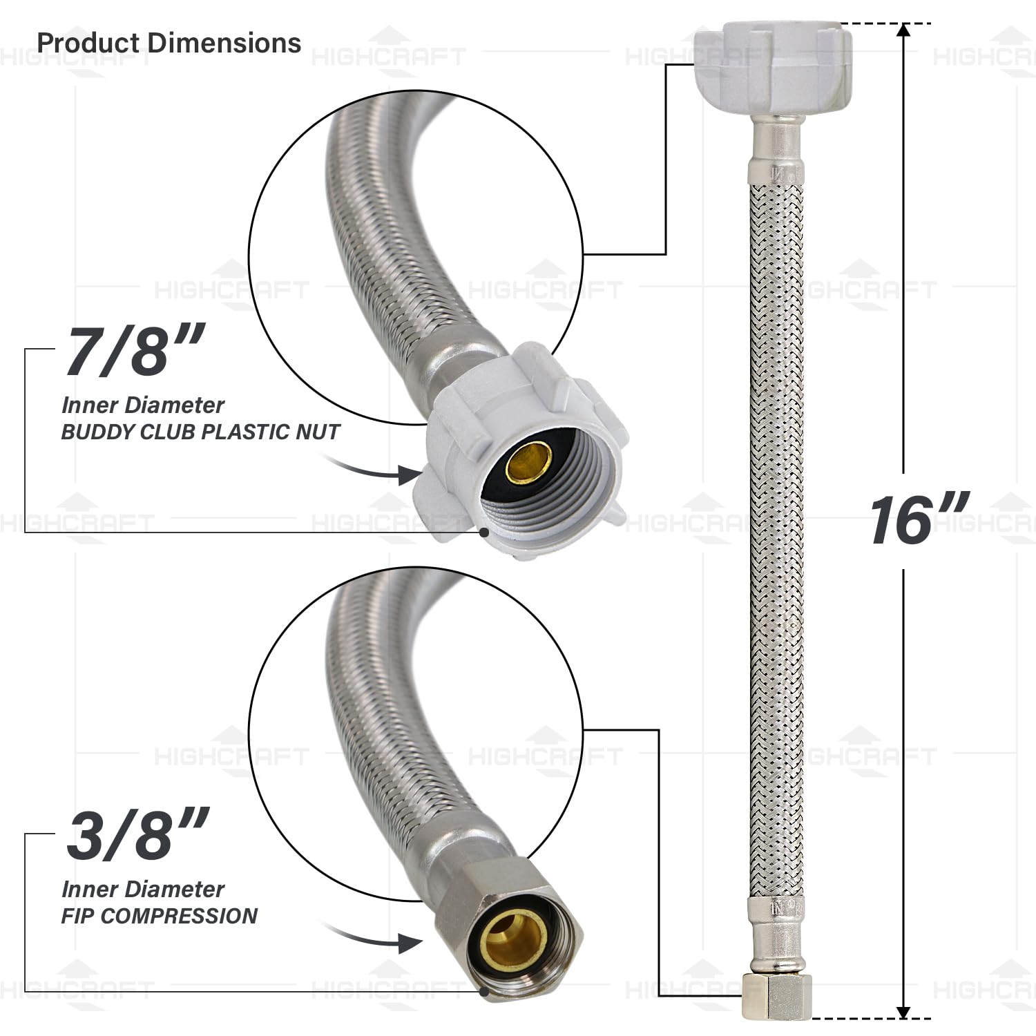 Highcraft 27416-NL-2 Toilet Connector, Braided Stainless Steel Hose Connects to Supply Line 3/8 Compression x 7/8 Female Ballcock Nut 16 Inch