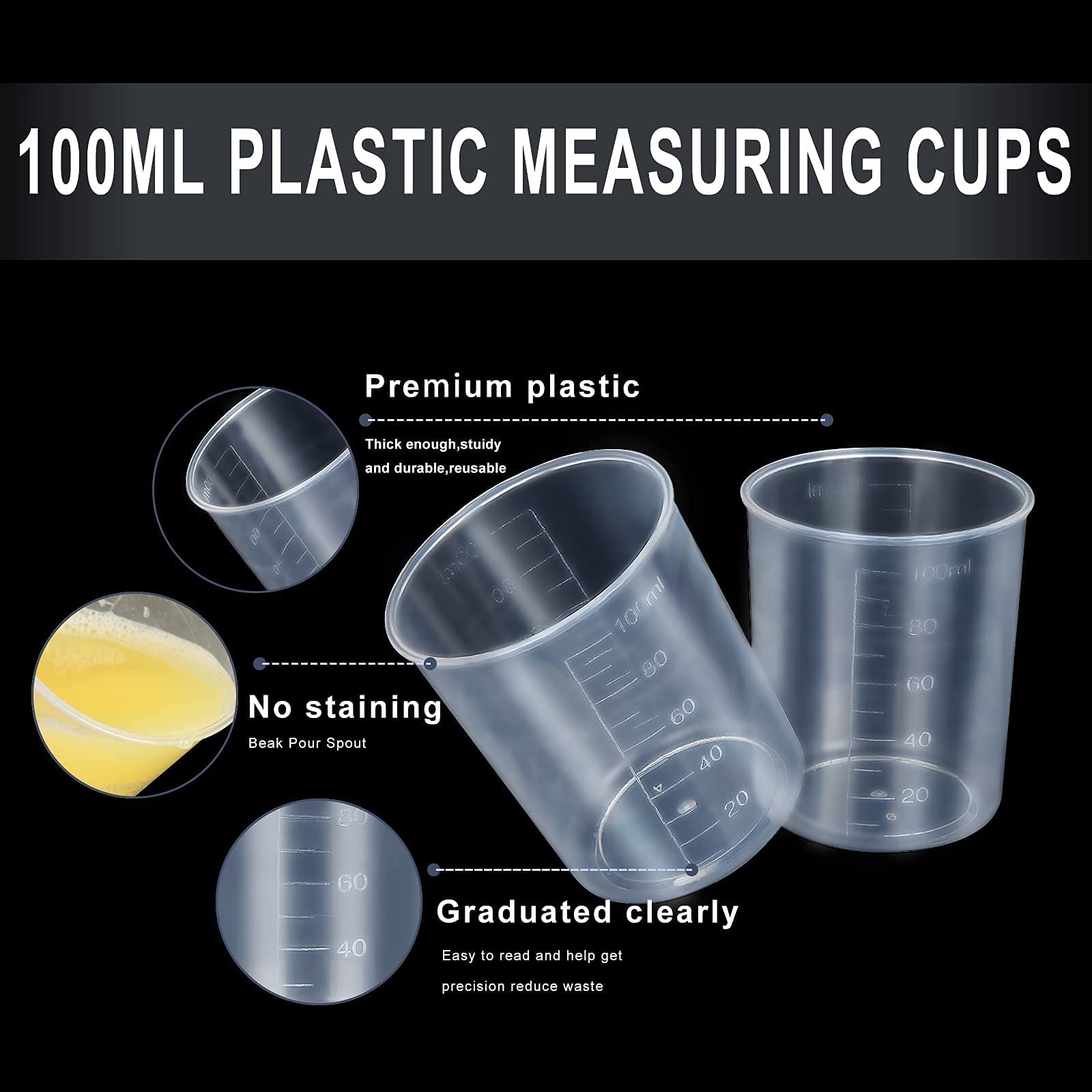 100Pcs 100ML Plastic Graduated Measuring Beaker Set, Clear Liquid Measuring Mixing Cups for Epoxy Resin, Liquid Container Beakers for Resin Epoxy Paint Food, Lab Use, Raised Graduations, Tapered Spout