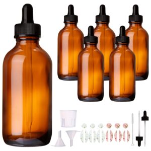 comrzor 6 pack 4oz amber glass bottles with glass eye droppers for essential oils, perfumes & lab chemicals (brush, funnels, 2 extra droppers, 12 pcs labels & measuring cup included)