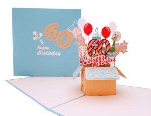 igifts and cards happy 60th blue birthday party box 3d pop up greeting card – sixty, awesome, balloons, presents, unique, celebration, feliz cumpleaños, fun