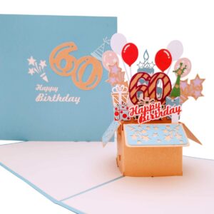 iGifts And Cards Happy 60th Blue Birthday Party Box 3D Pop Up Greeting Card – Sixty, Awesome, Balloons, Presents, Unique, Celebration, Feliz Cumpleaños, Fun