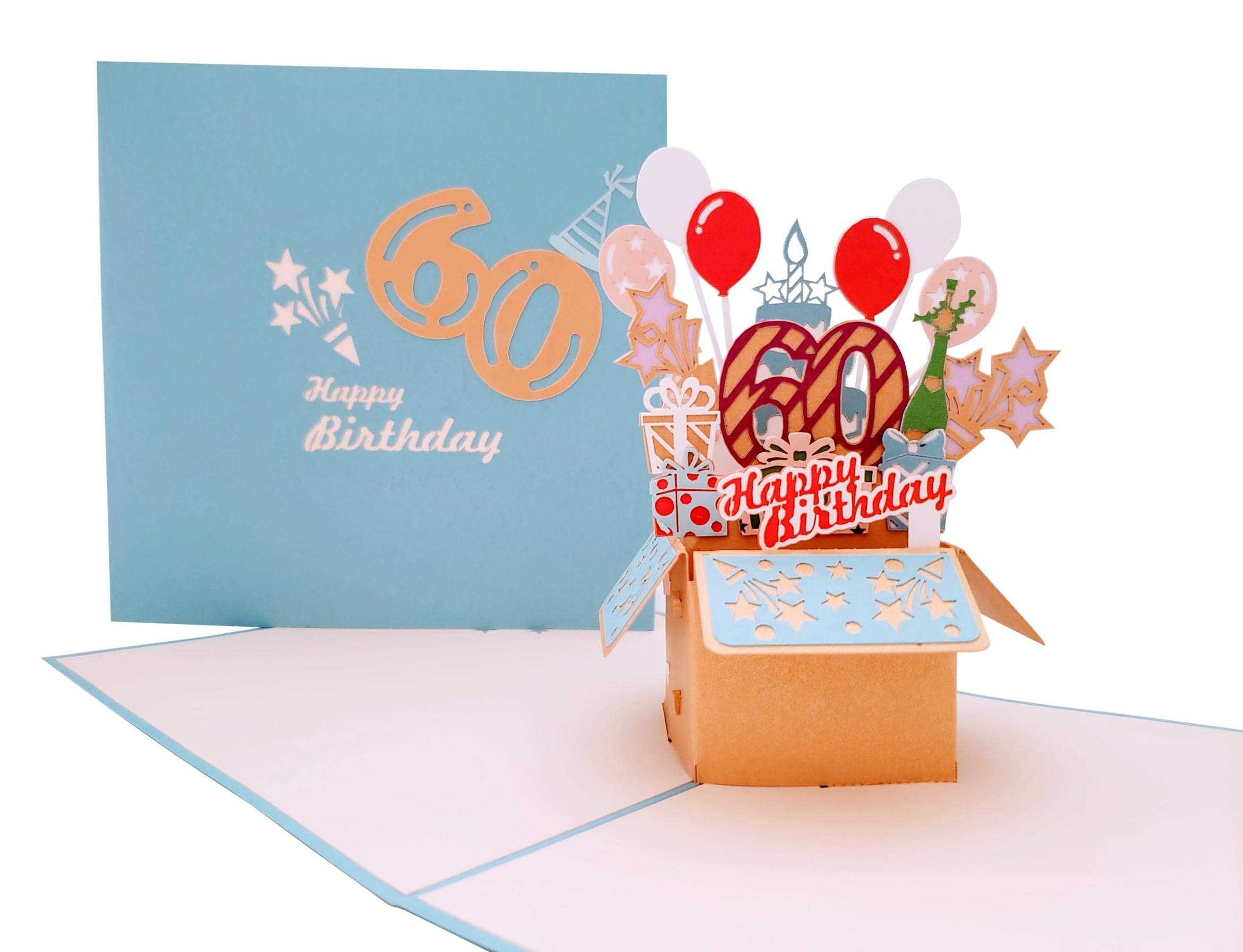 iGifts And Cards Happy 60th Blue Birthday Party Box 3D Pop Up Greeting Card – Sixty, Awesome, Balloons, Presents, Unique, Celebration, Feliz Cumpleaños, Fun