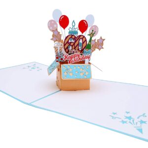 iGifts And Cards Happy 60th Blue Birthday Party Box 3D Pop Up Greeting Card – Sixty, Awesome, Balloons, Presents, Unique, Celebration, Feliz Cumpleaños, Fun